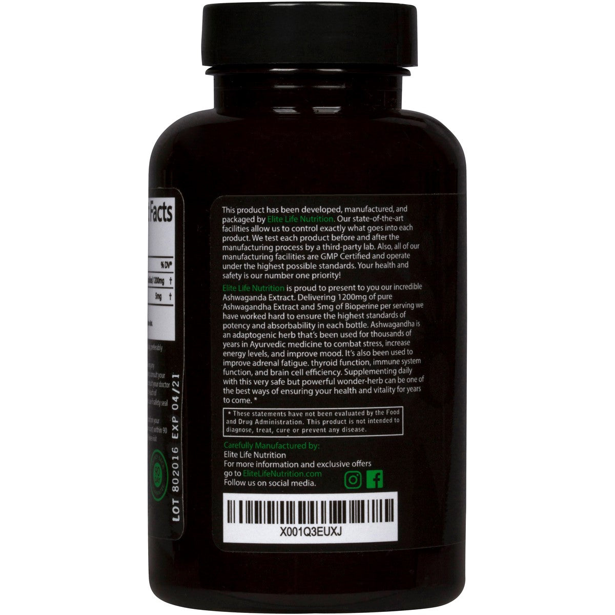 Pure Ashwagandha Extract 1200mg - With Bioperine 5mg – Elite Life Nutrition